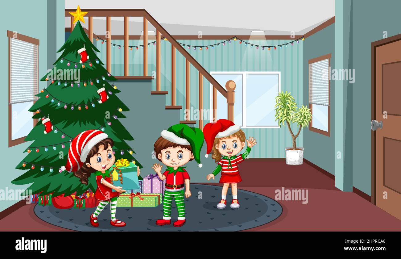 Room scene with children celebrating Christmas illustration Stock ...
