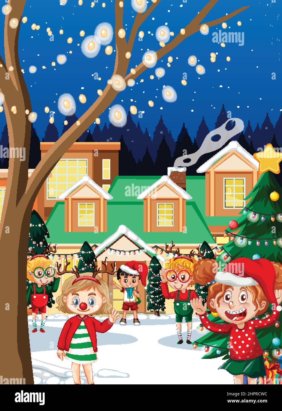 Outdoor scene with children celebrating Christmas illustration Stock ...