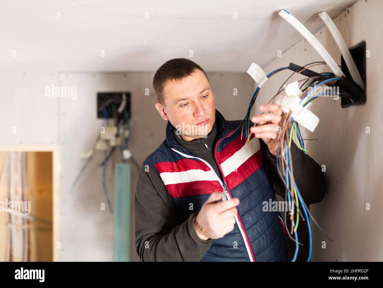 Repair man working on electric wires Stock Photo - Alamy