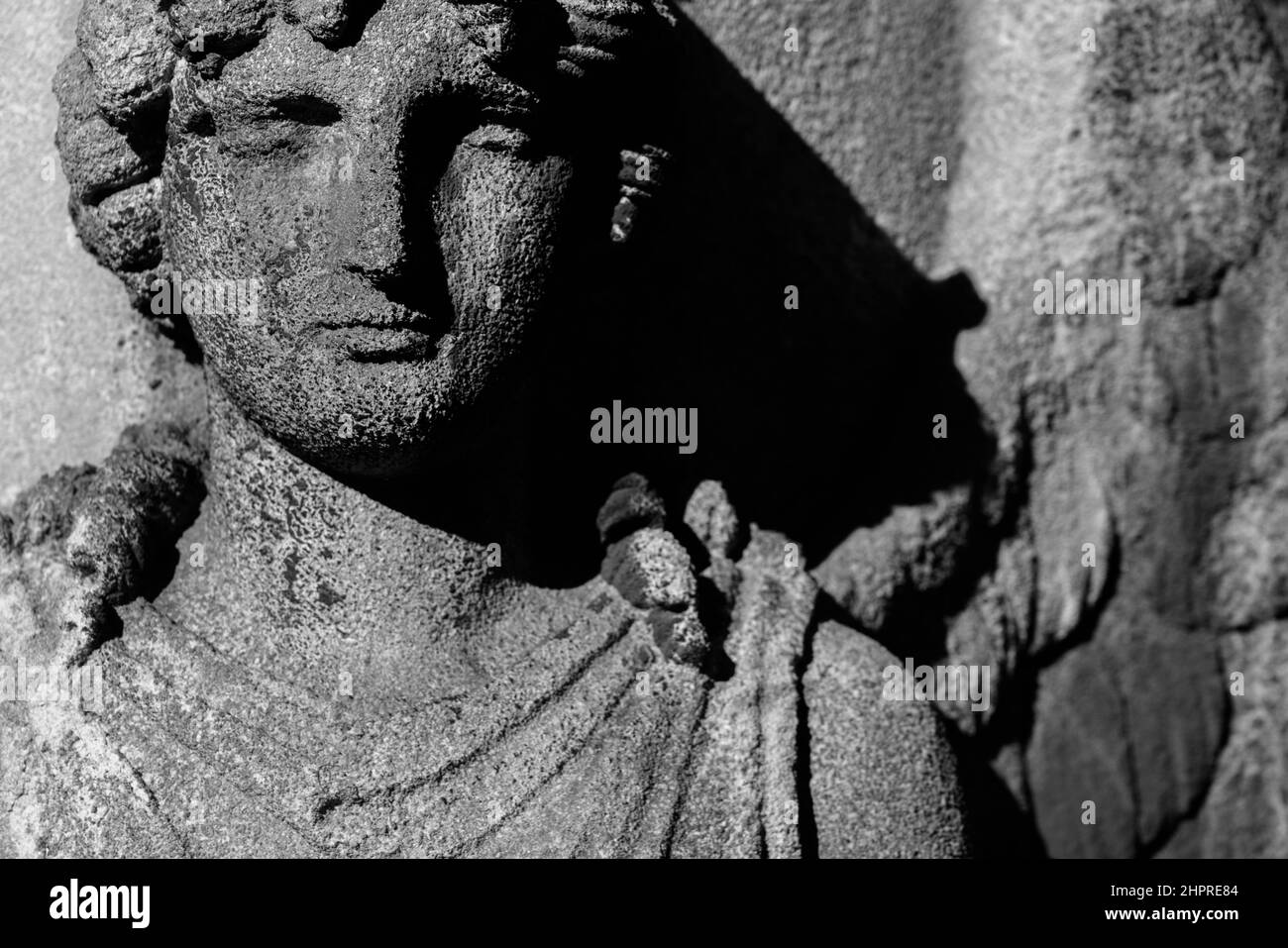 Death concept. Dramatic black and white image of angel as symbol of end ...