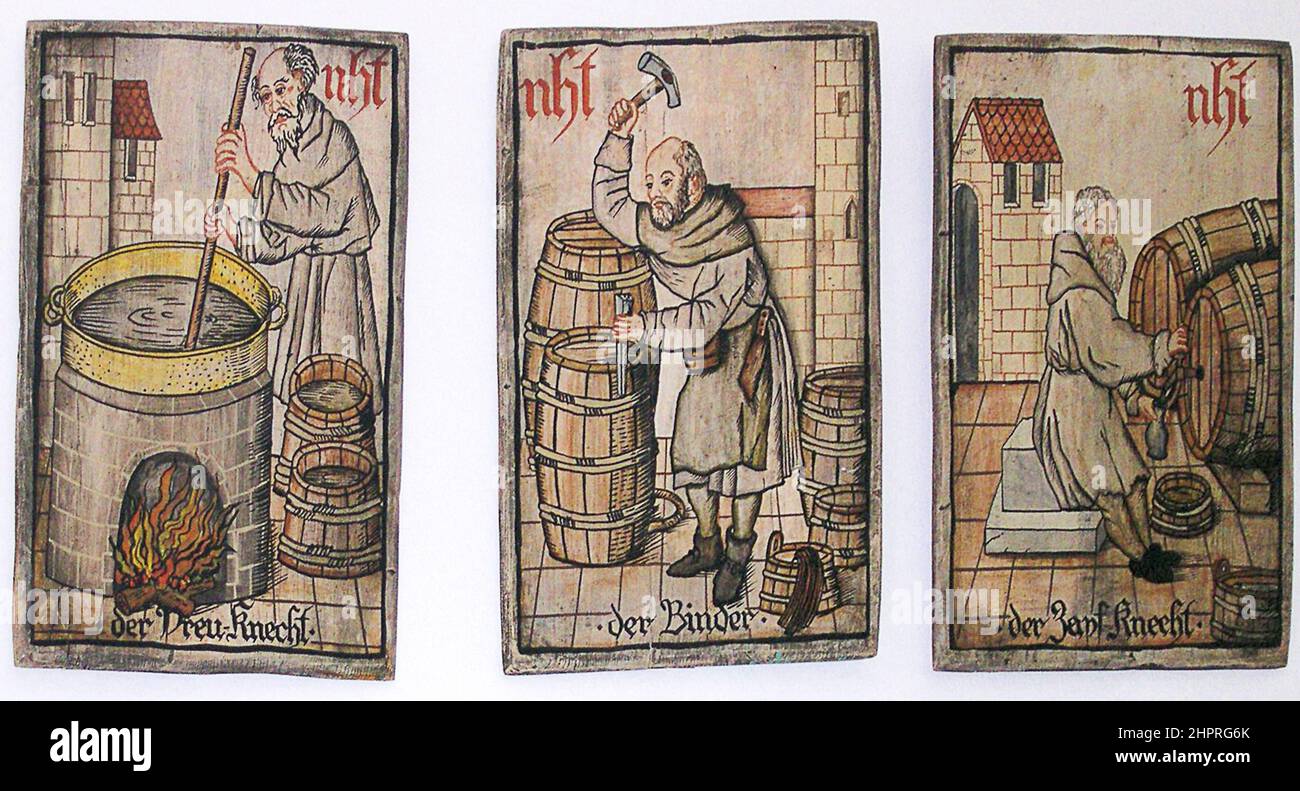 Medieval panels in Salzburg showing the making of Barrels for Wine or ...