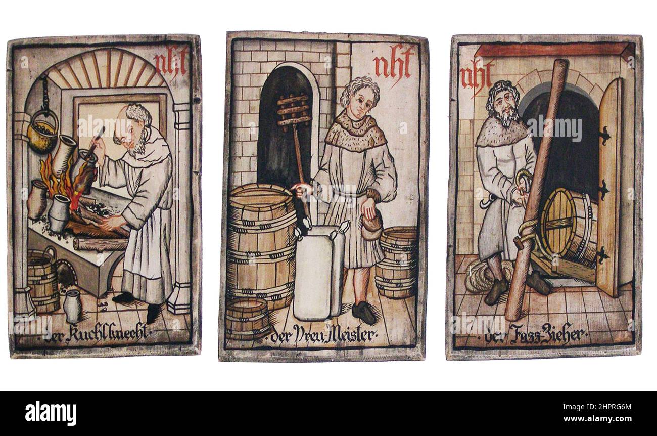 Medieval panels in Salzburg showing the making of Barrels for Wine or ...
