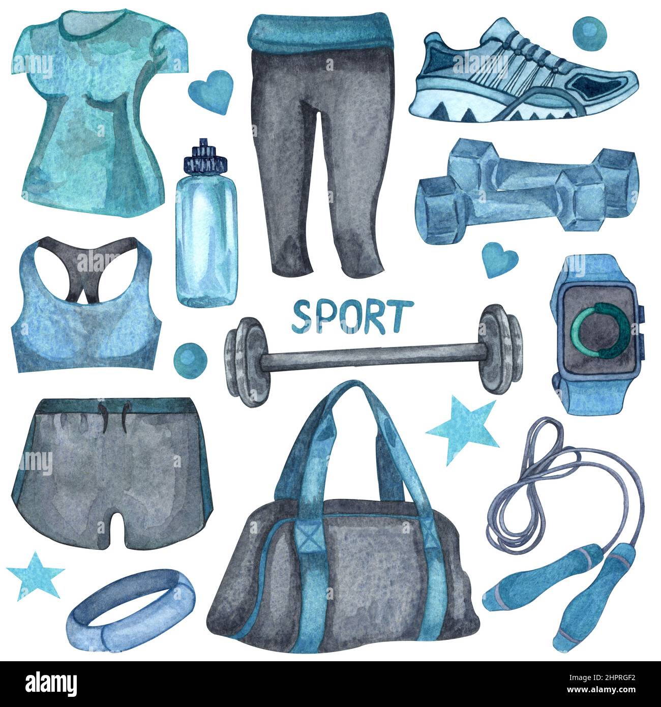 Watercolor illustration of gym, sport or fitness female set. sports ...