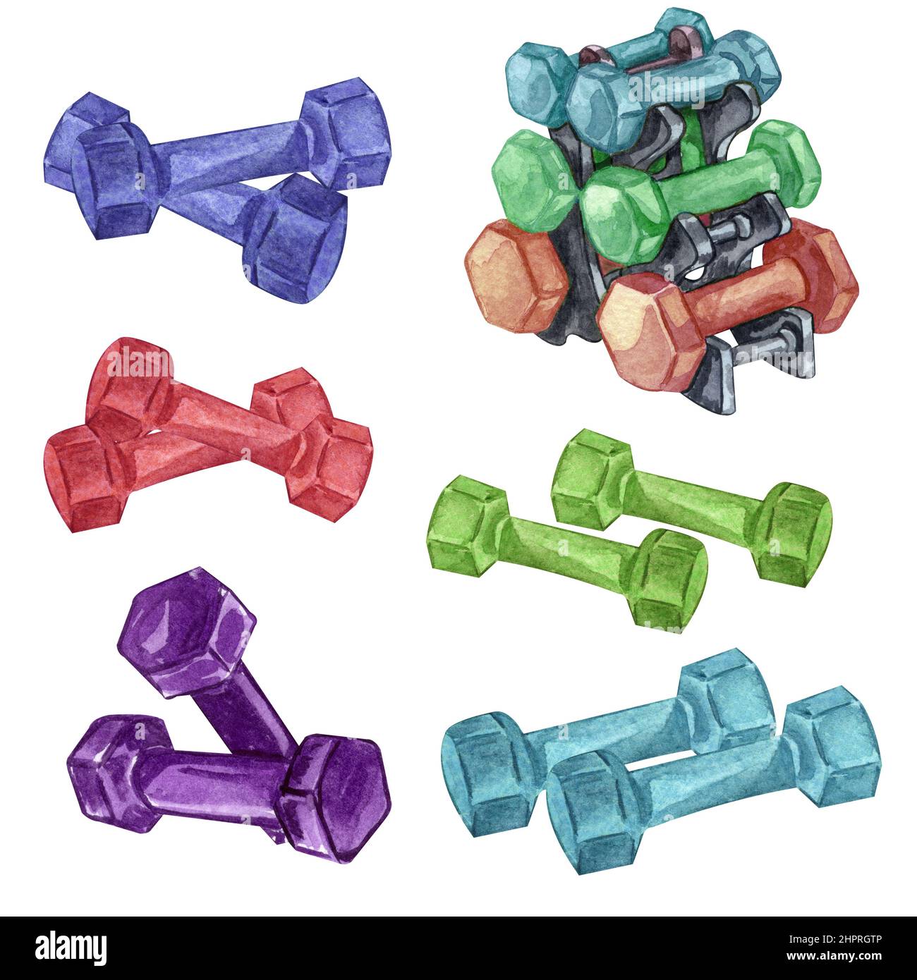 Watercolor hand drawn illustration of fitness dumbbell. Realistic color dumbbells set isolated ...