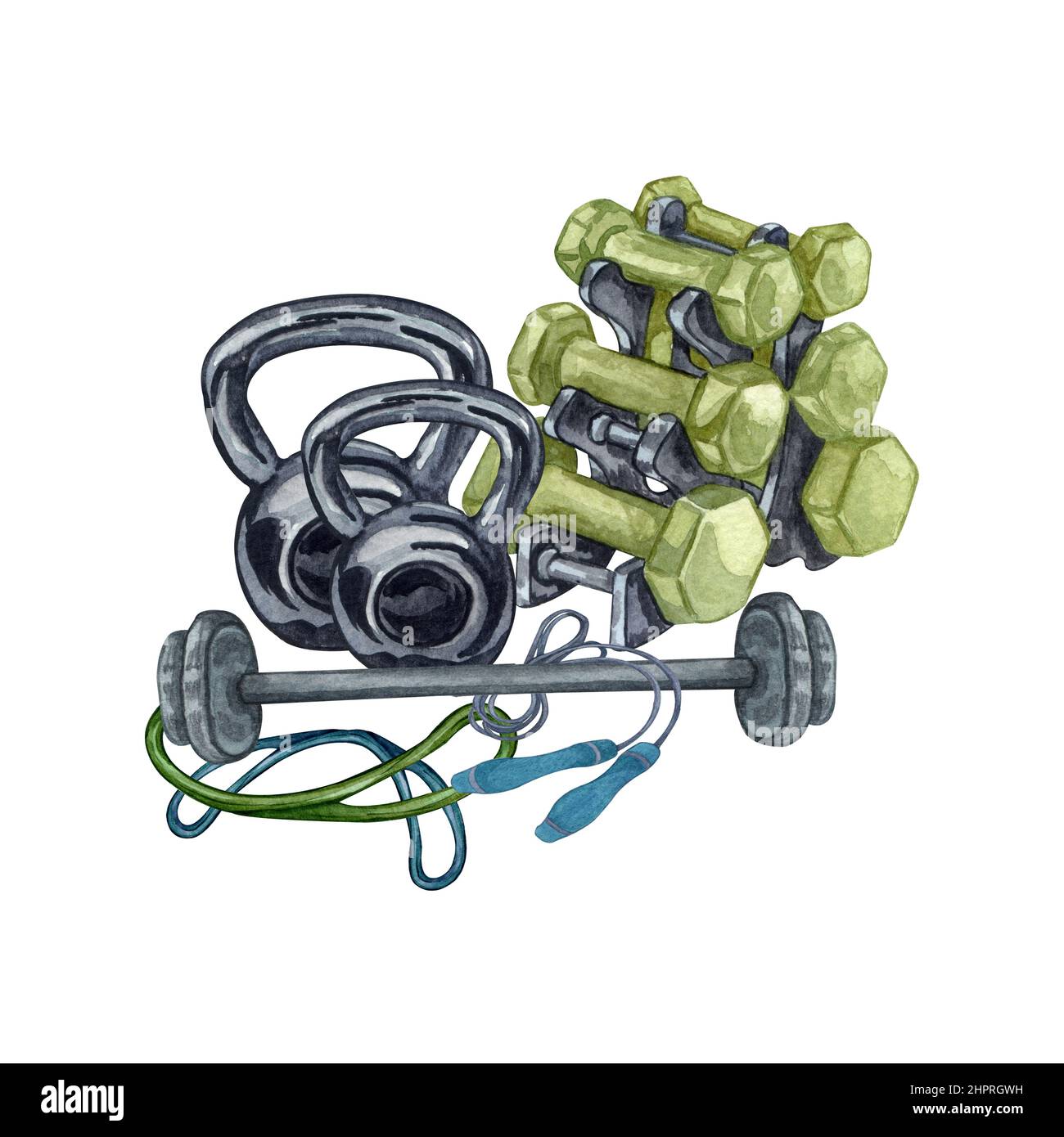 Watercolor illustration of different equipment for gym, tools for ...