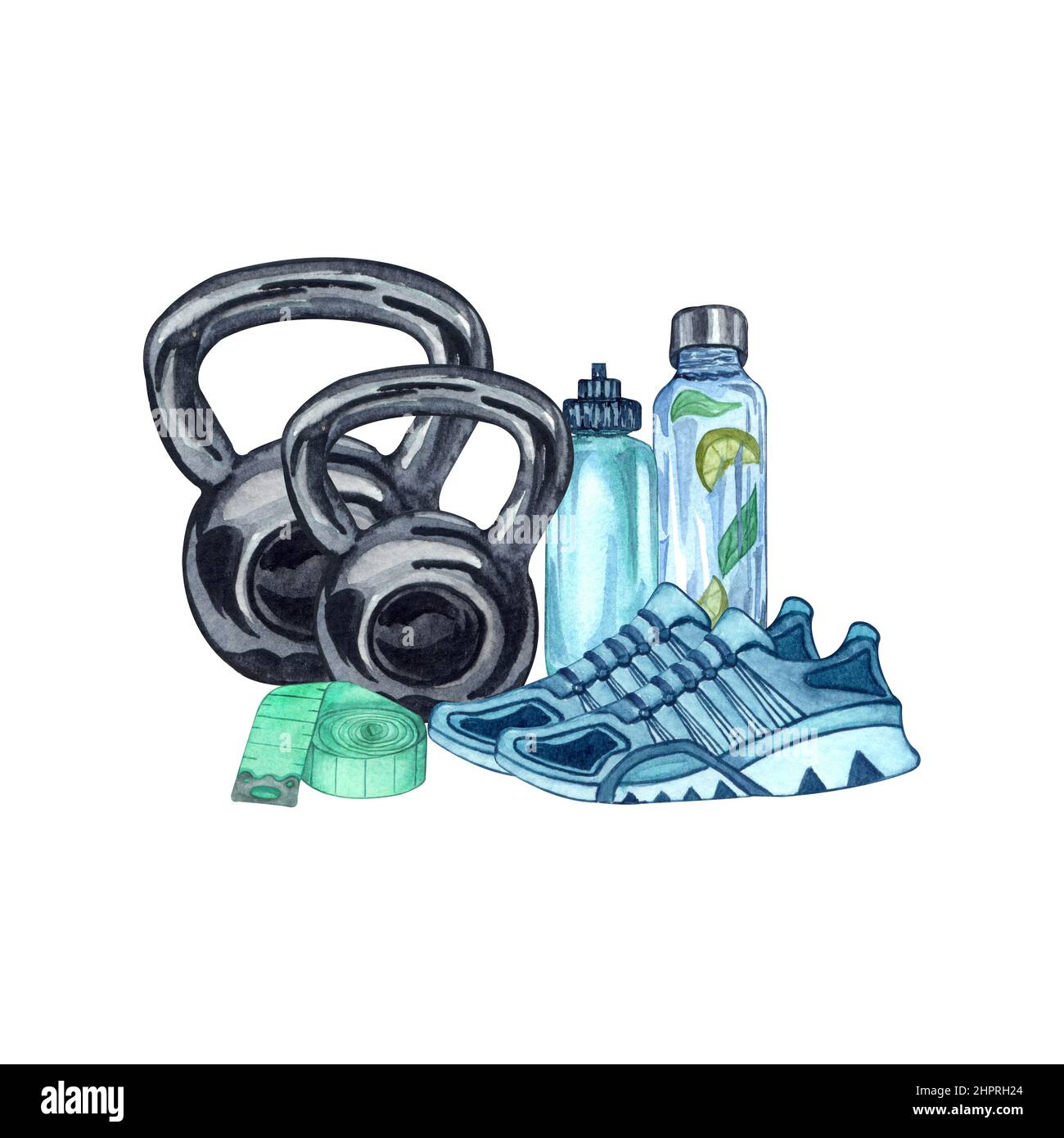 Watercolor illustration of different equipment for gym, watter bottle ...