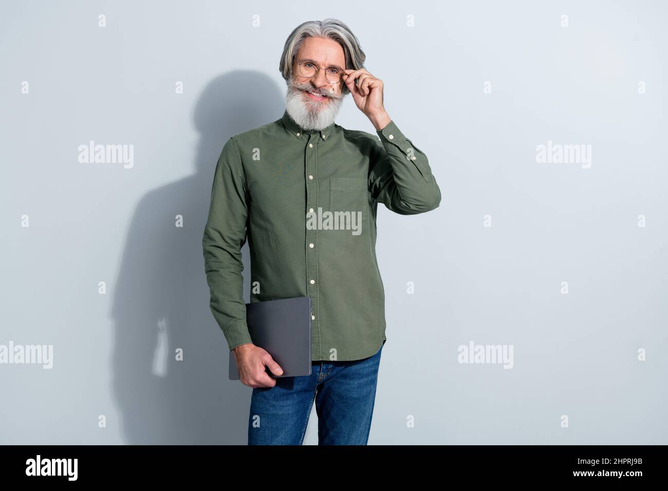 Portrait of handsome trendy cheerful skilled intellectual grey-haired ...