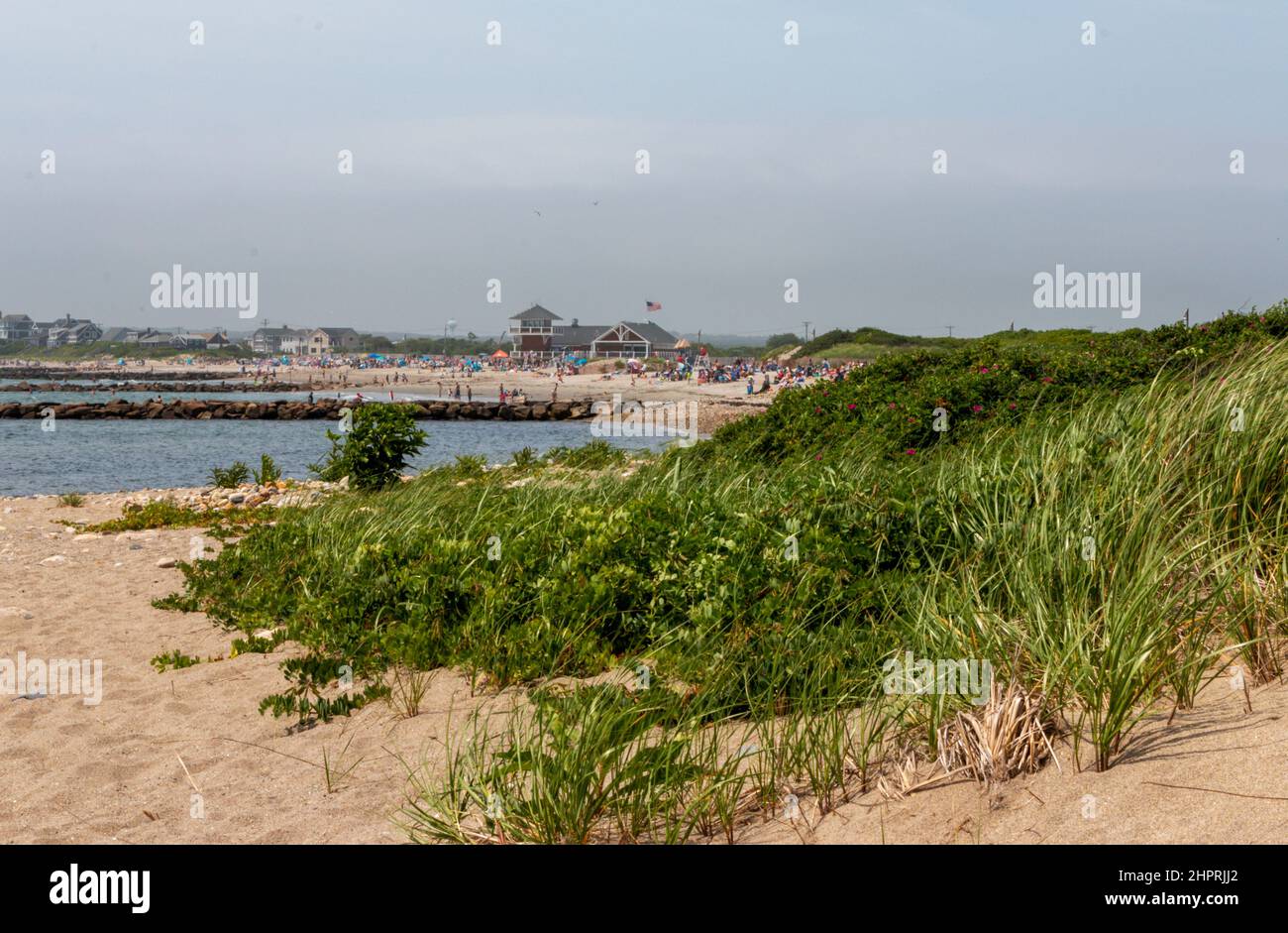 Narragansett, Rhode Island, USA - 27 June 2021: Looking down the coast ...