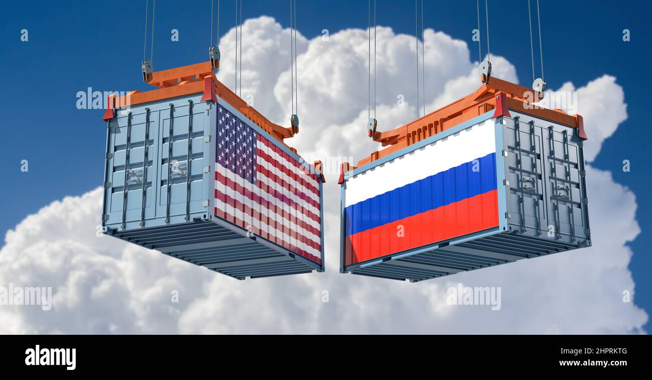 Cargo containers with Russia and USA national flags. 3D Rendering Stock ...