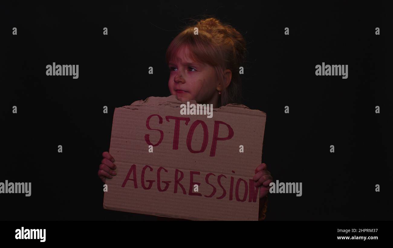 Upset toddler child girl homeless protesting war conflict raises ...