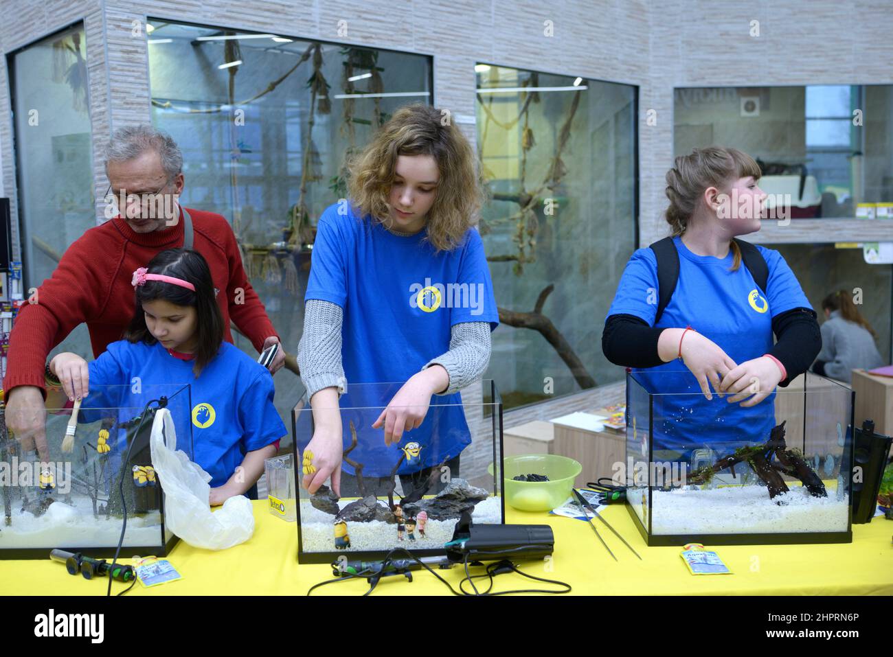 Lesson of aquarium husbandry. Girls arranging decorations in an empty ...