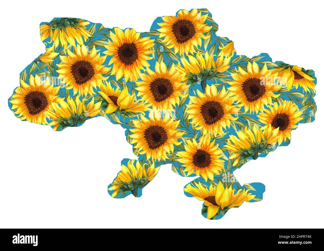 Ukraine Map with Realistic flowers design. Watercolor Sunflower ...