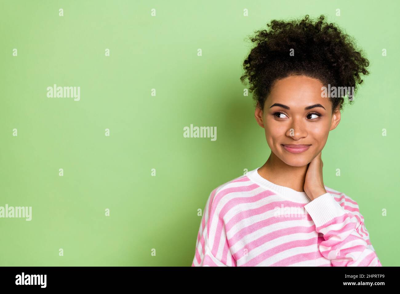 Photo of tender sincere dream lady hand neck look empty space wear ...