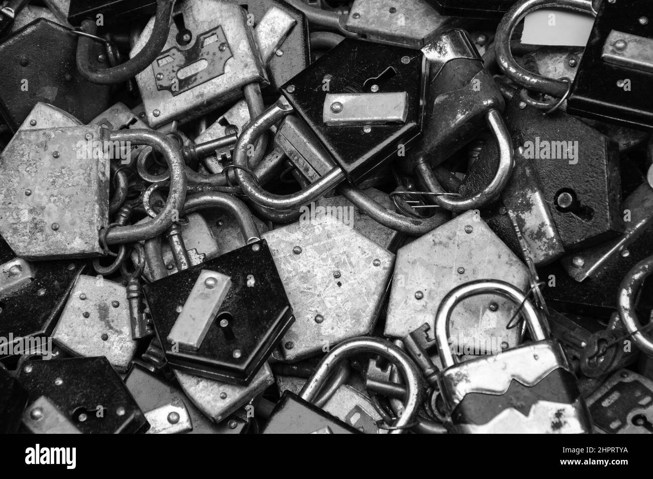 Old rusty locks and keys at flea market. Security, censorship or ...