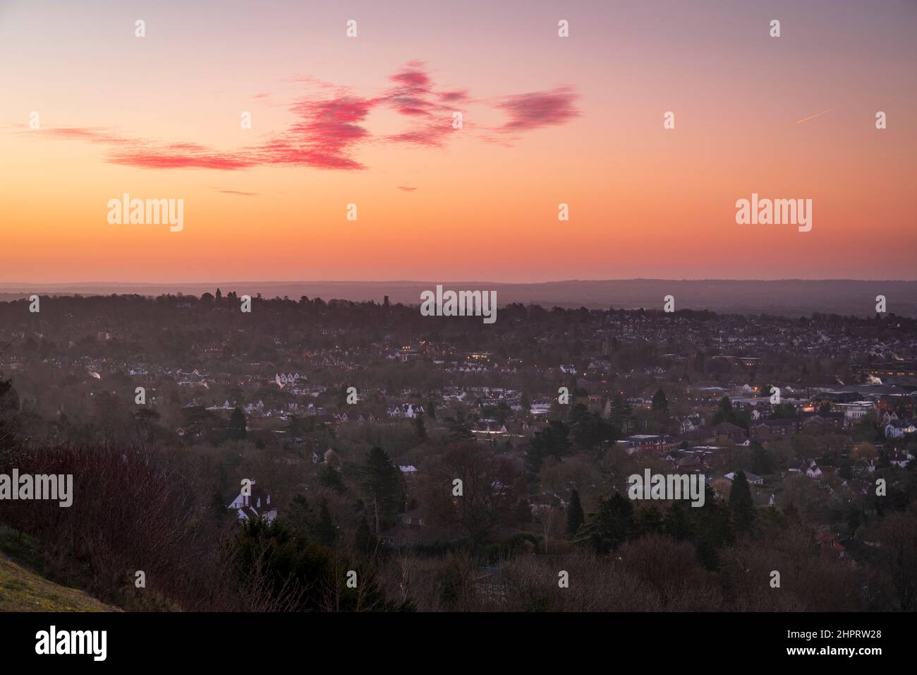 February dawn sky over Reigate in Surrey from Colley Hill on the North ...