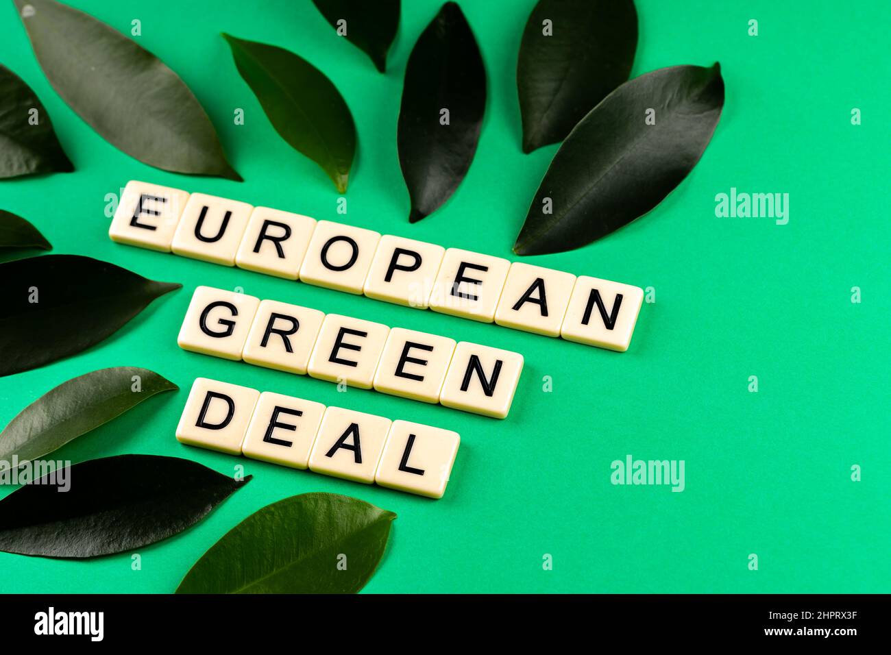 Sentence "European green deal" composed of letters put on the green ...