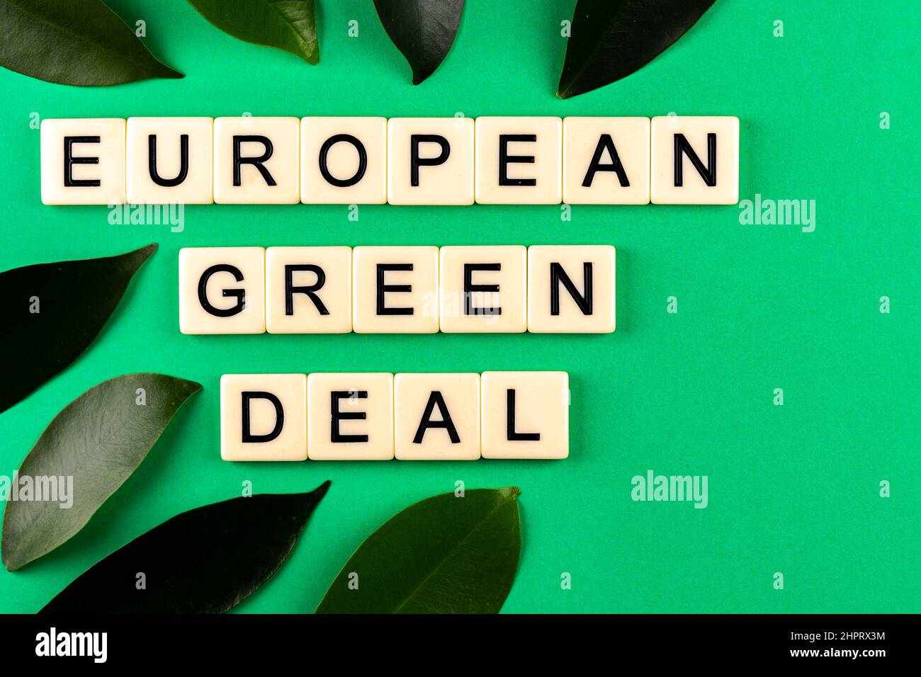 Sentence "European green deal" composed of letters put on the green ...