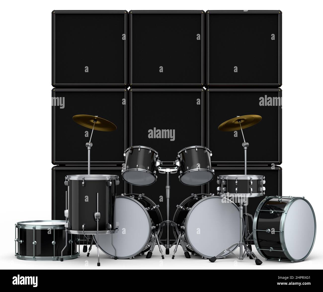 Set of realistic drums with metal cymbals or drumset and amplifier on ...