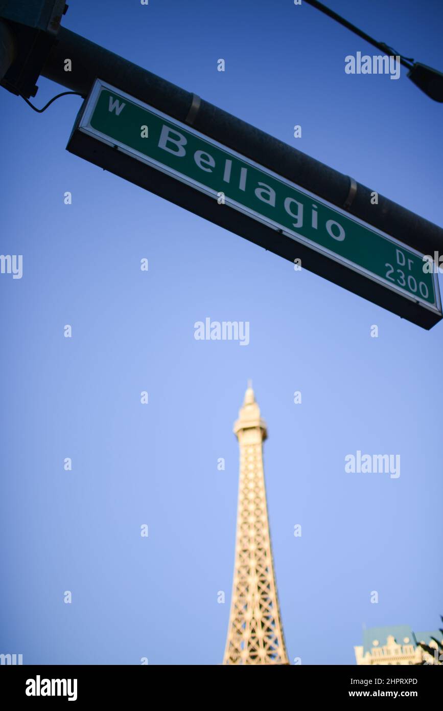 Bellagio traffic sign and Eiffel Tower replica, Las Vegas Stock Photo ...