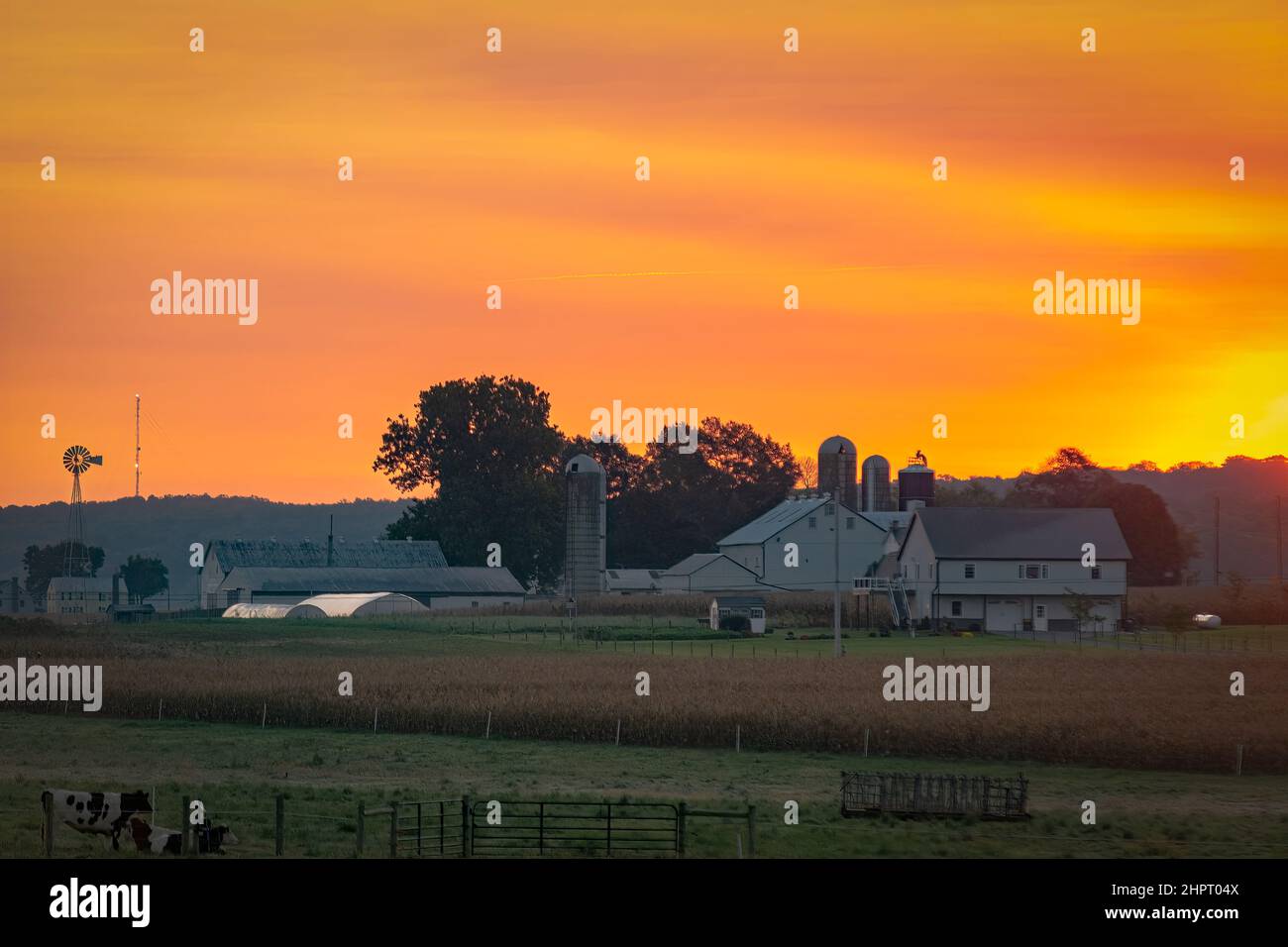 View of a Sunrise Over a Farm and Farmlands in Early Fall Stock Photo ...