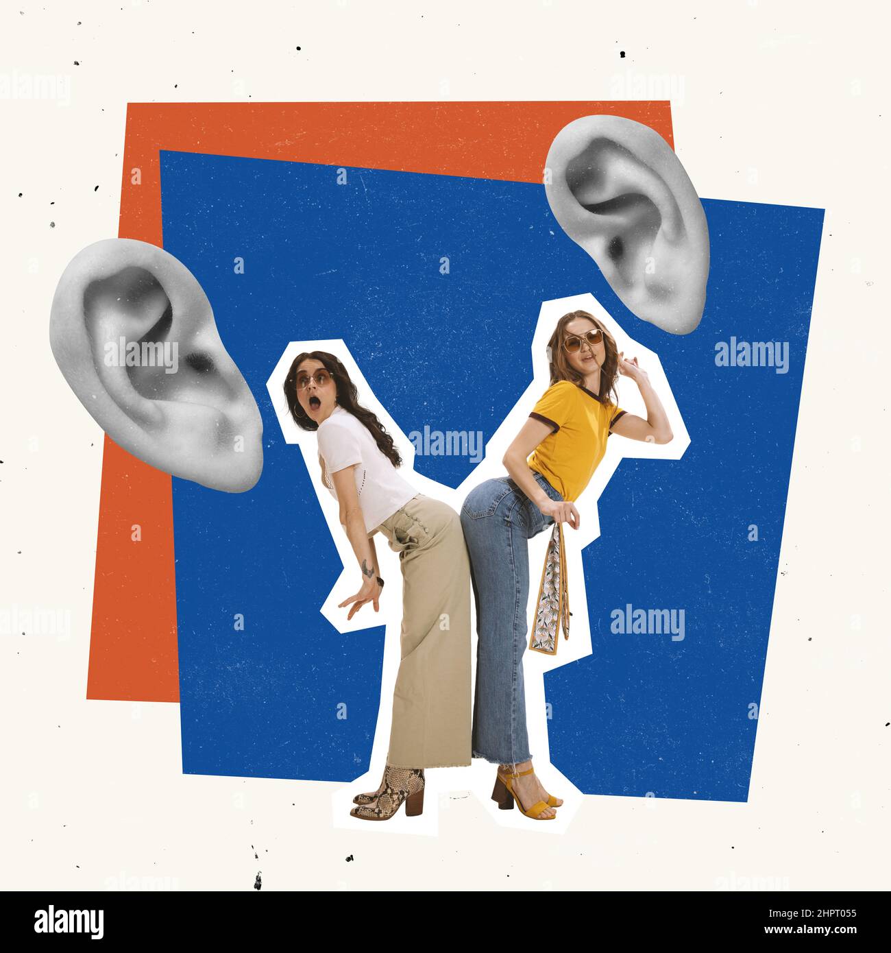 Creative design. Two young woman standing together around big human ...