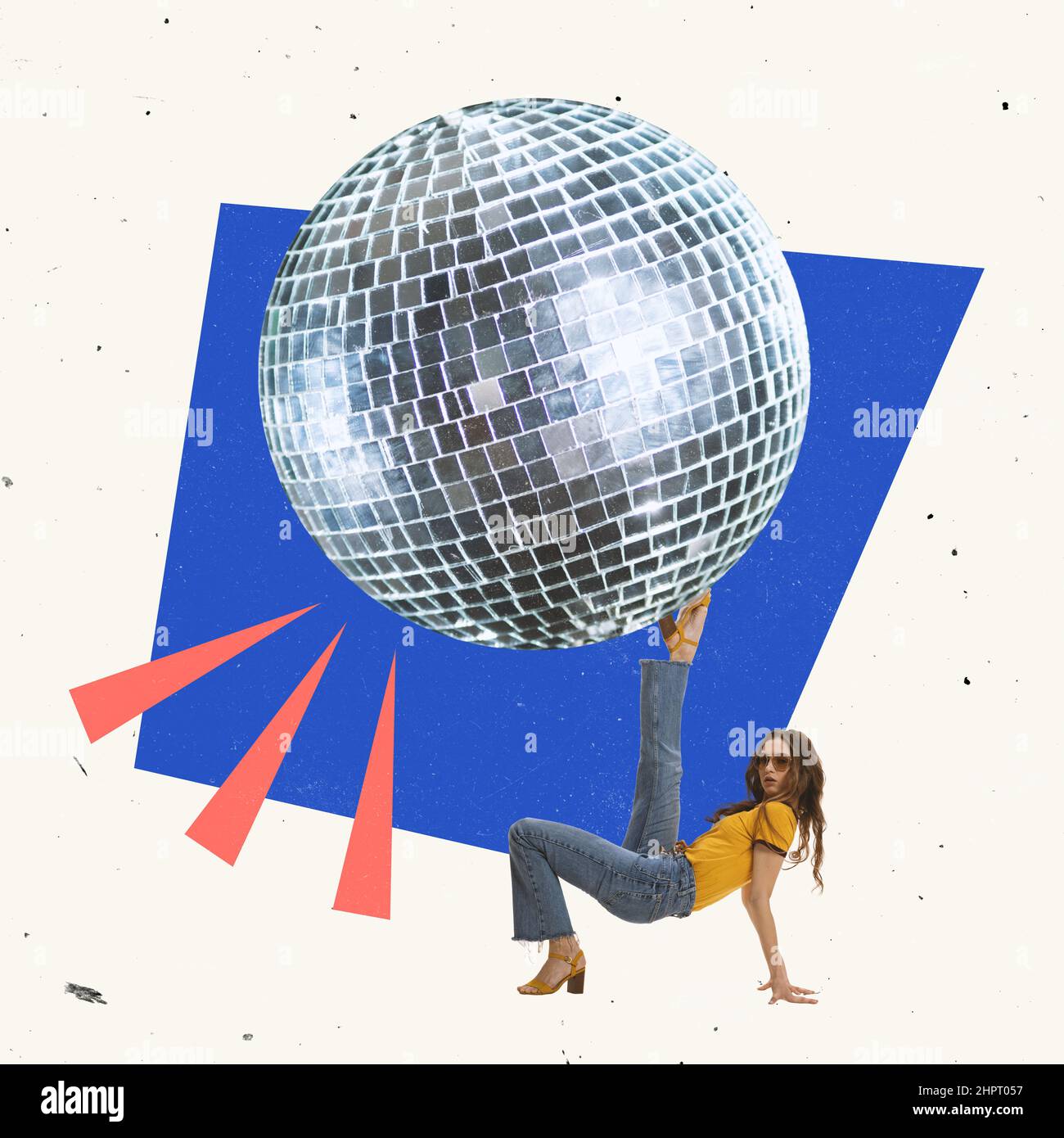 Contemporary art collage. Young stylish girl dancing under giant disco ...