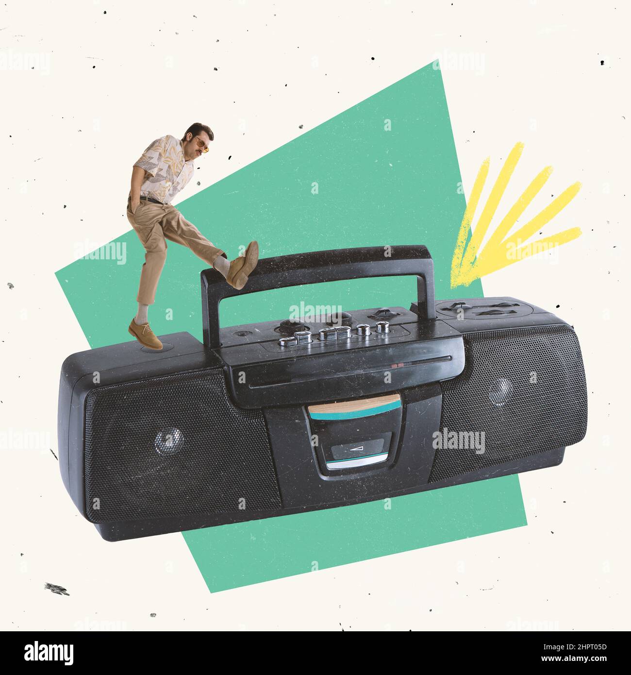Contemporary art collage. Man trying to turn off music on retro record ...