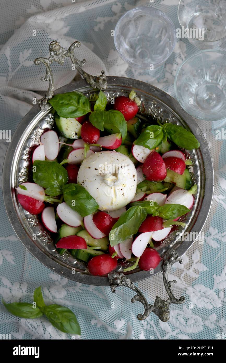 Burrata and radish salad with basil, lime and cucumber Photo Janerik ...