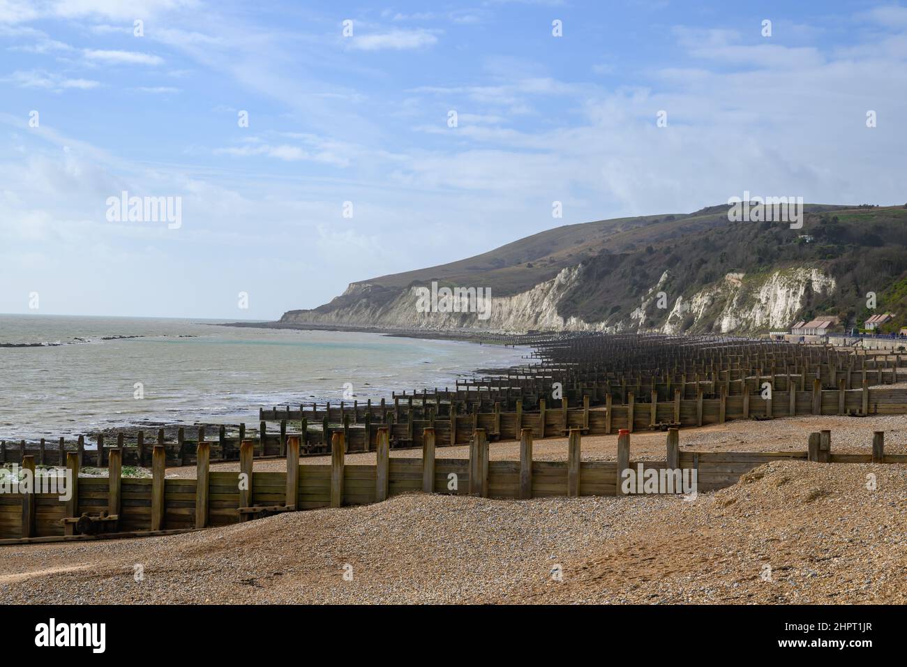 Eastbourne beach with rows of sea groynes, East Sussex, UK Stock Photo ...