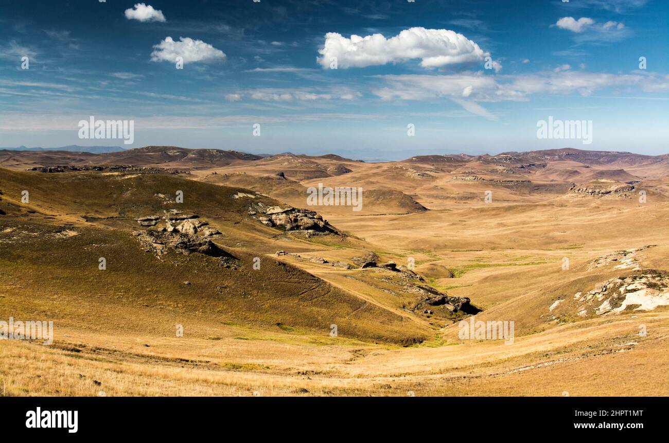 Travel to Lesotho. Landscape of mountains and grassy hills in ...