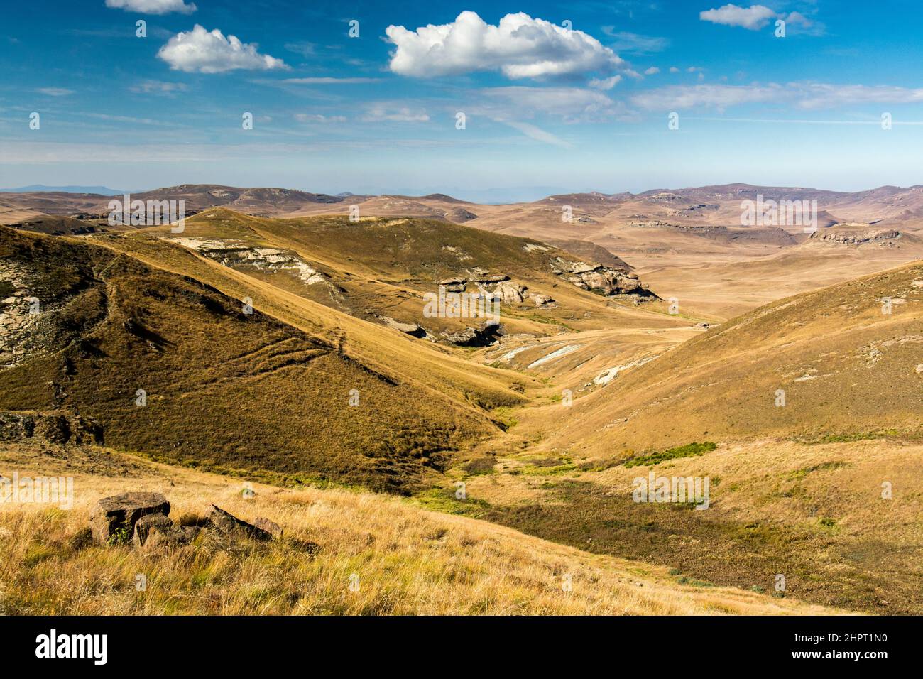 Travel to Lesotho. Landscape of mountains and grassy hills in ...