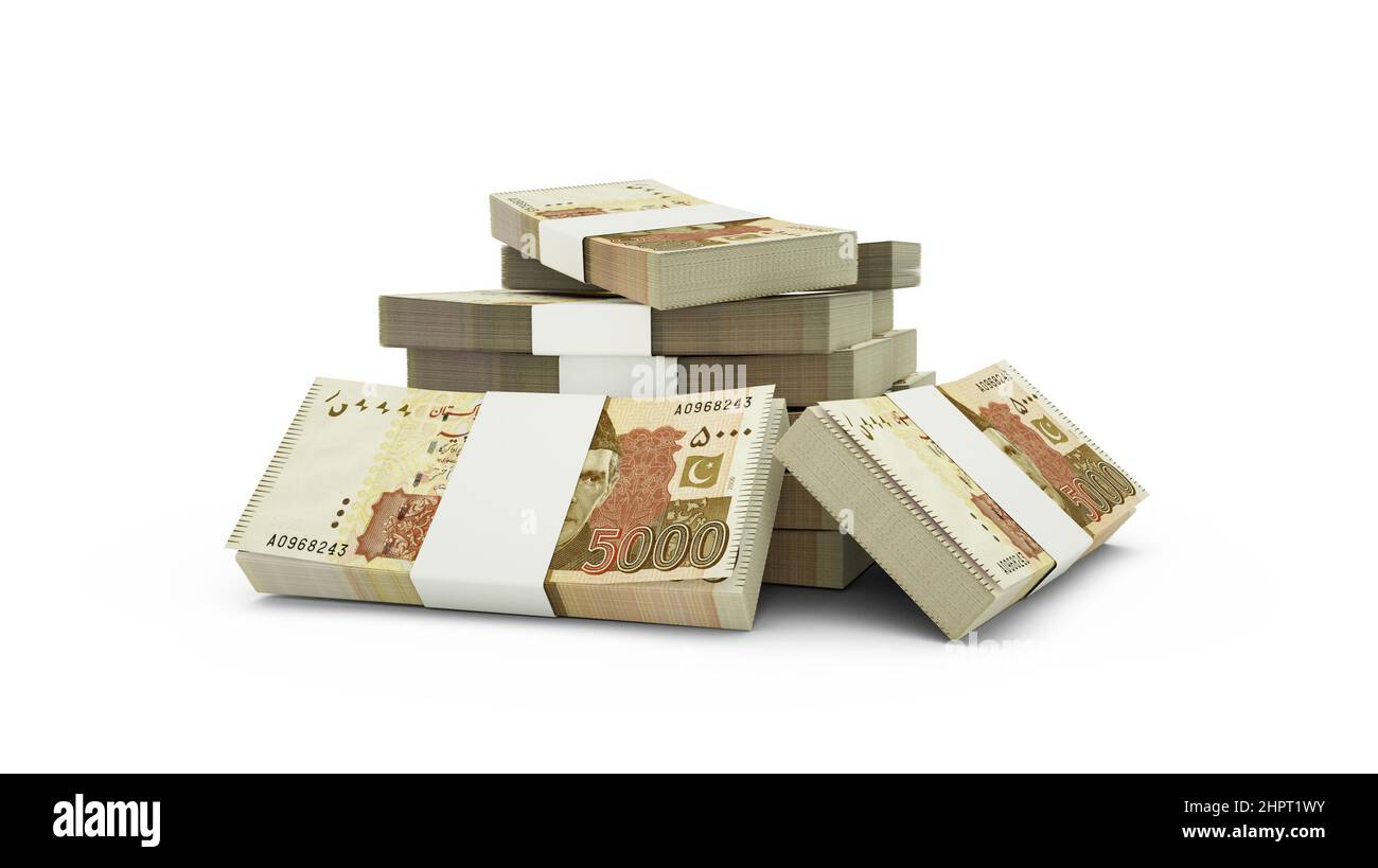 3d rendering of Stack of 5000 Pakistani rupee notes. bundles of ...