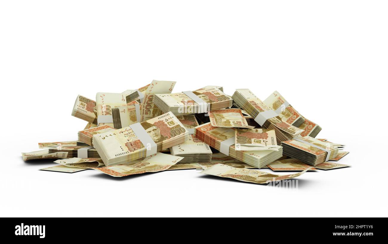3D rendering of stacks of 5000 Pakistani rupee notes isolated of white ...