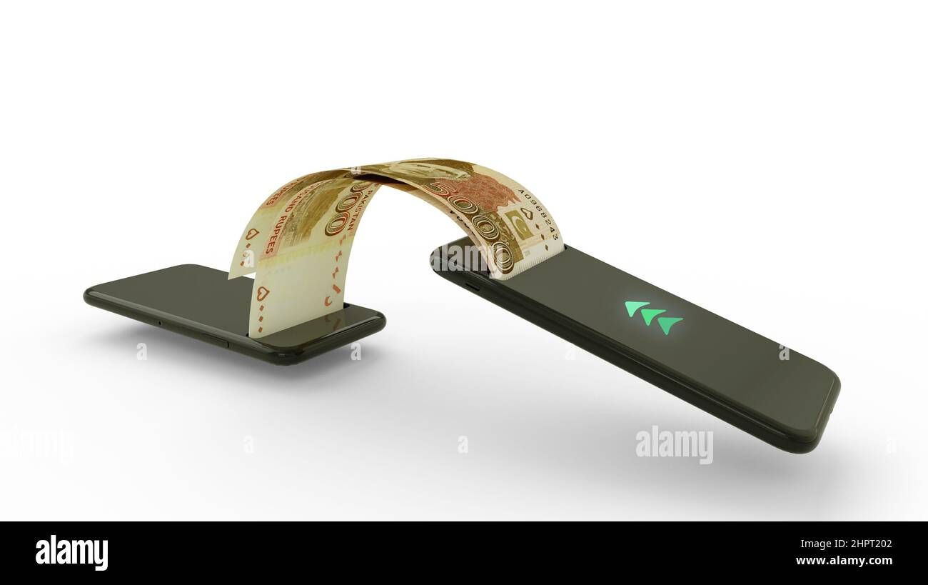 3D rendering of 5000 Pakistani rupee notes transferring from one phone ...