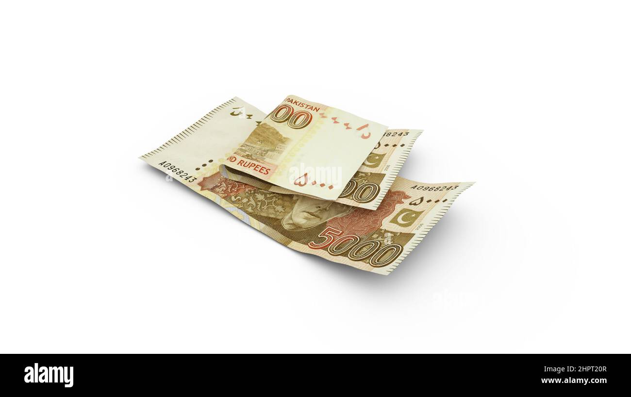 3D rendering of Double 5000 Pakistani rupee notes isolated on white ...