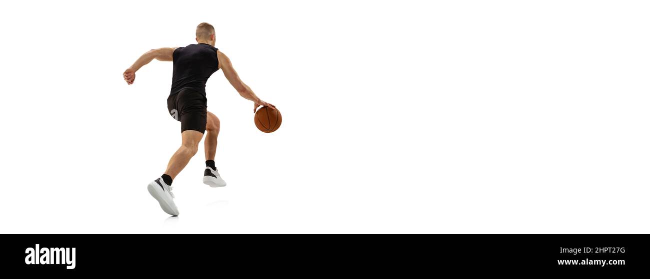 Flyer with young muscled man, basketball player running with ball ...
