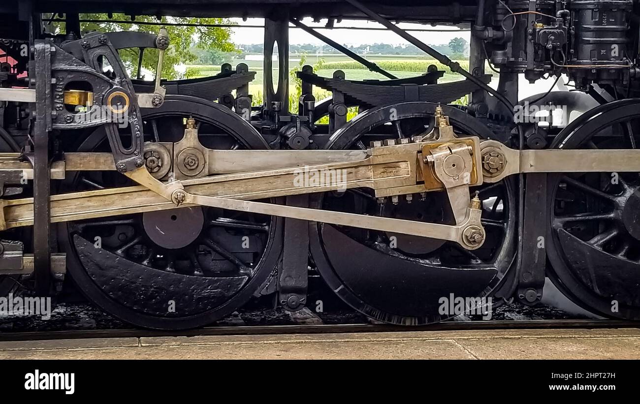 View of a Steam Locomotives Drive Gear While it is Waiting to Start it ...