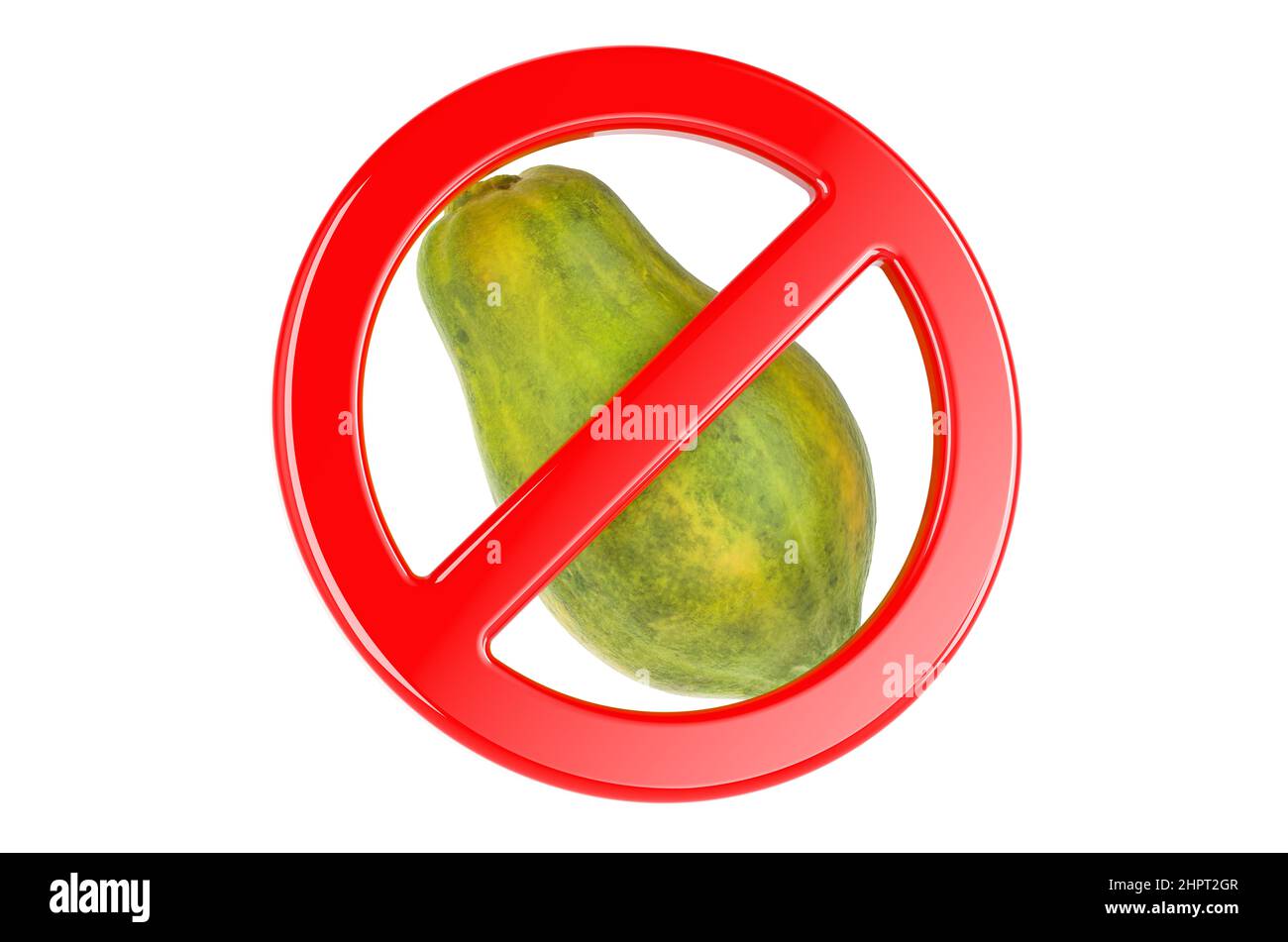 Papaya with forbidden sign, 3D rendering isolated on white background ...