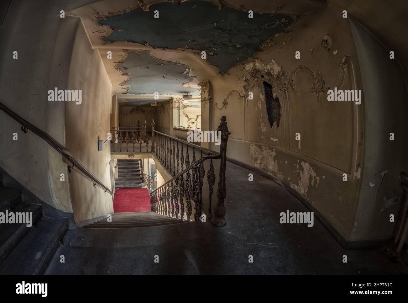 Old Walhalla theater Wiesbaden, hallway with stairs and a broken wall ...