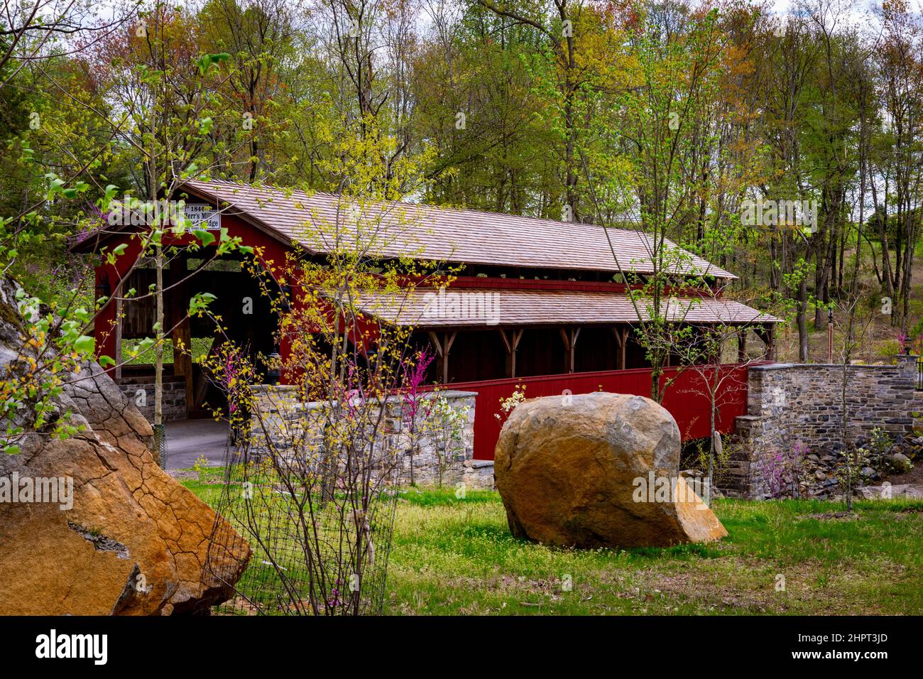 View of a Restored Burr Truss Covered Bridge on a Country Road With ...