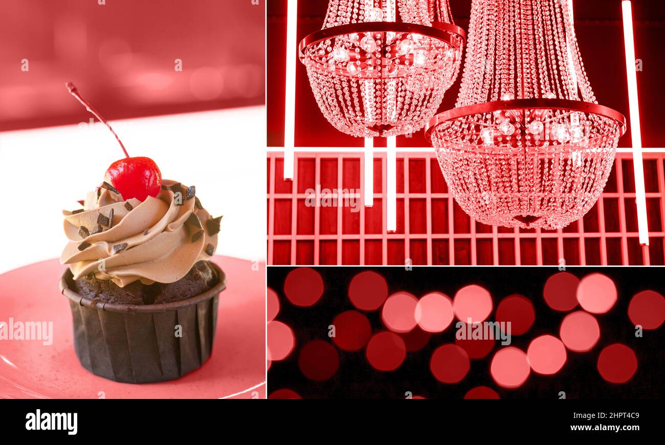 Creative collage with red color textures. Interior design trend concept ...