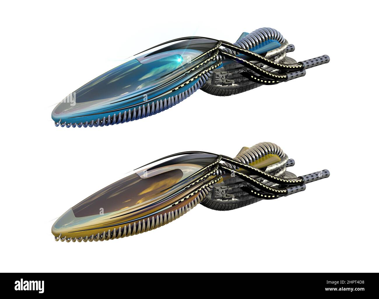 3D illustration collage with a metallic shuttle or manned drone, with ...