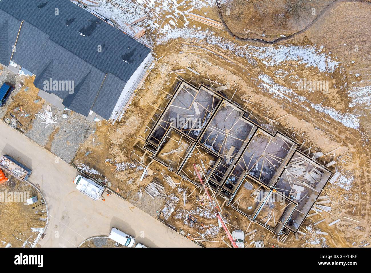 Aerial view on the preparation of the work for unfinished with ...