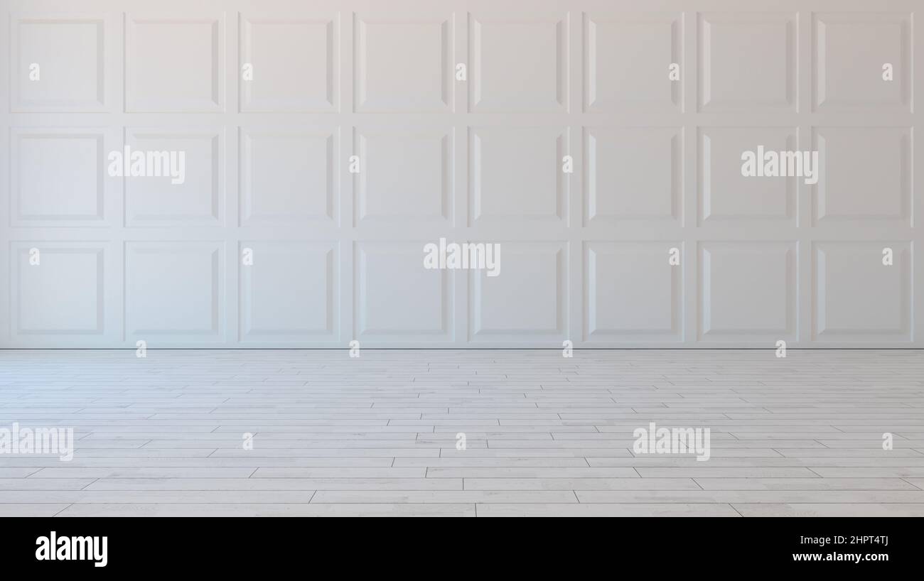 White square decorative wall panels with wooden parquet empty room ...