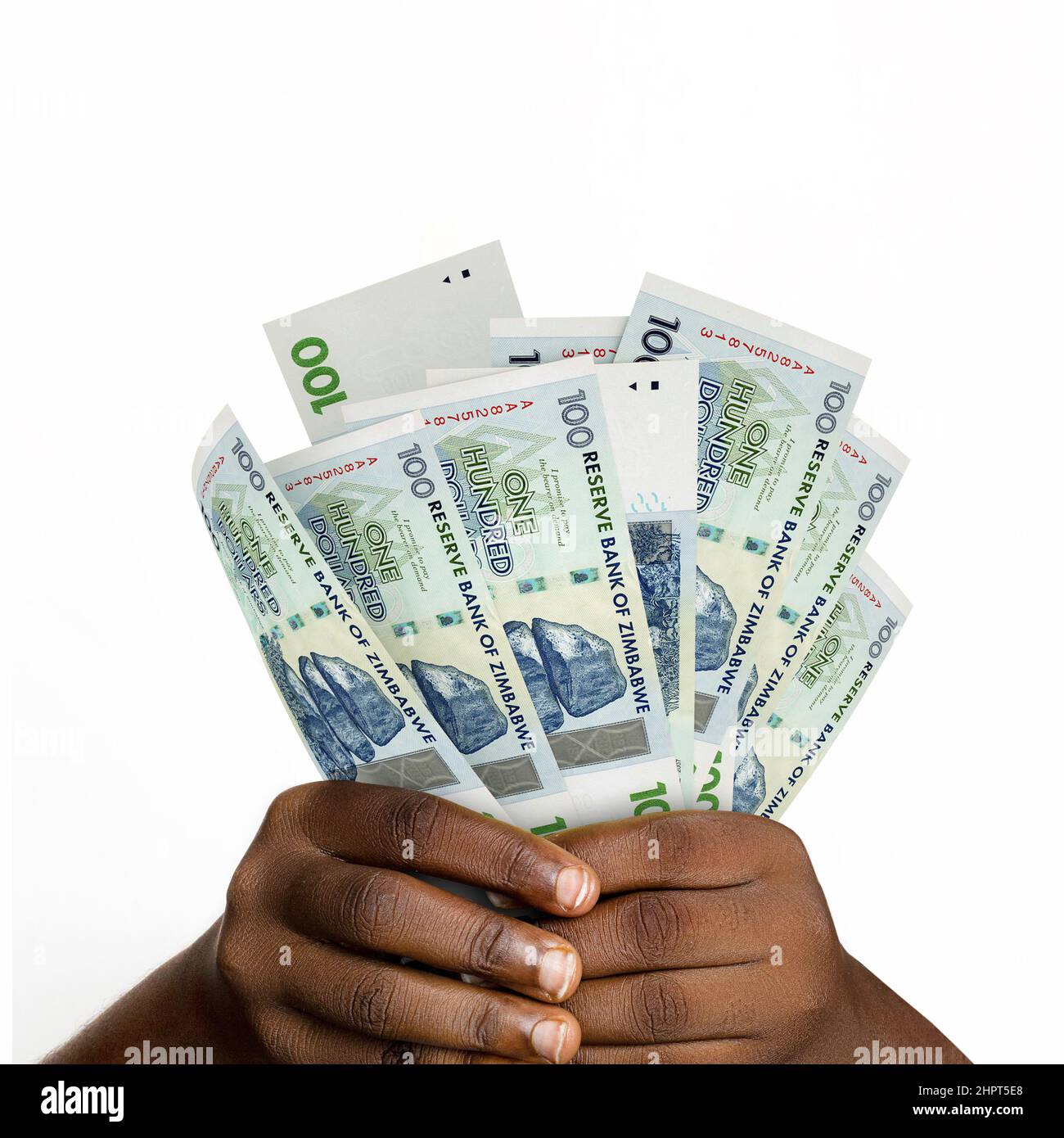 Black hands holding 3D rendered 100 Zimbabwean dollar notes. closeup of ...