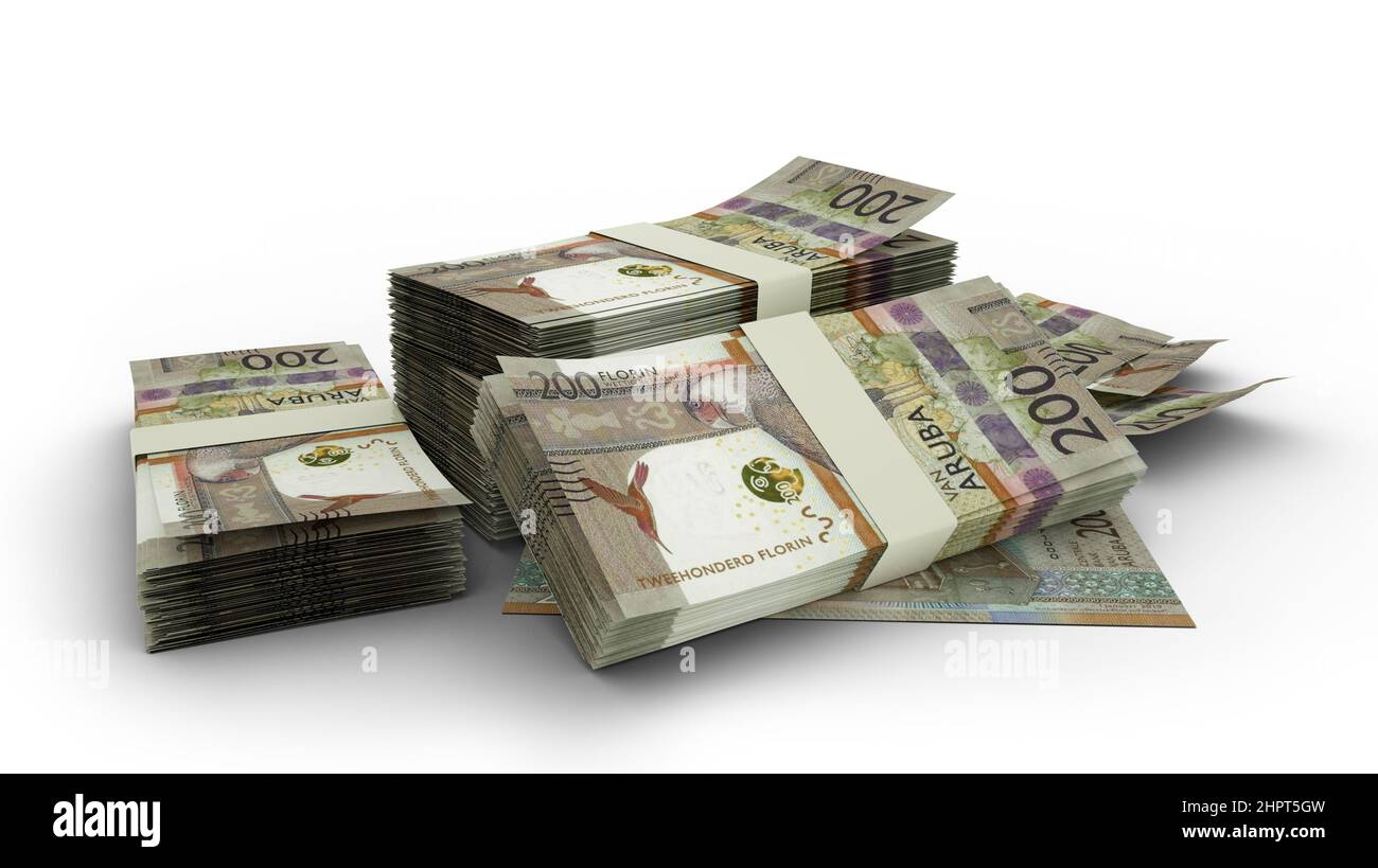 3D Stack of 200 Aruban florin notes isolated on white background Stock ...