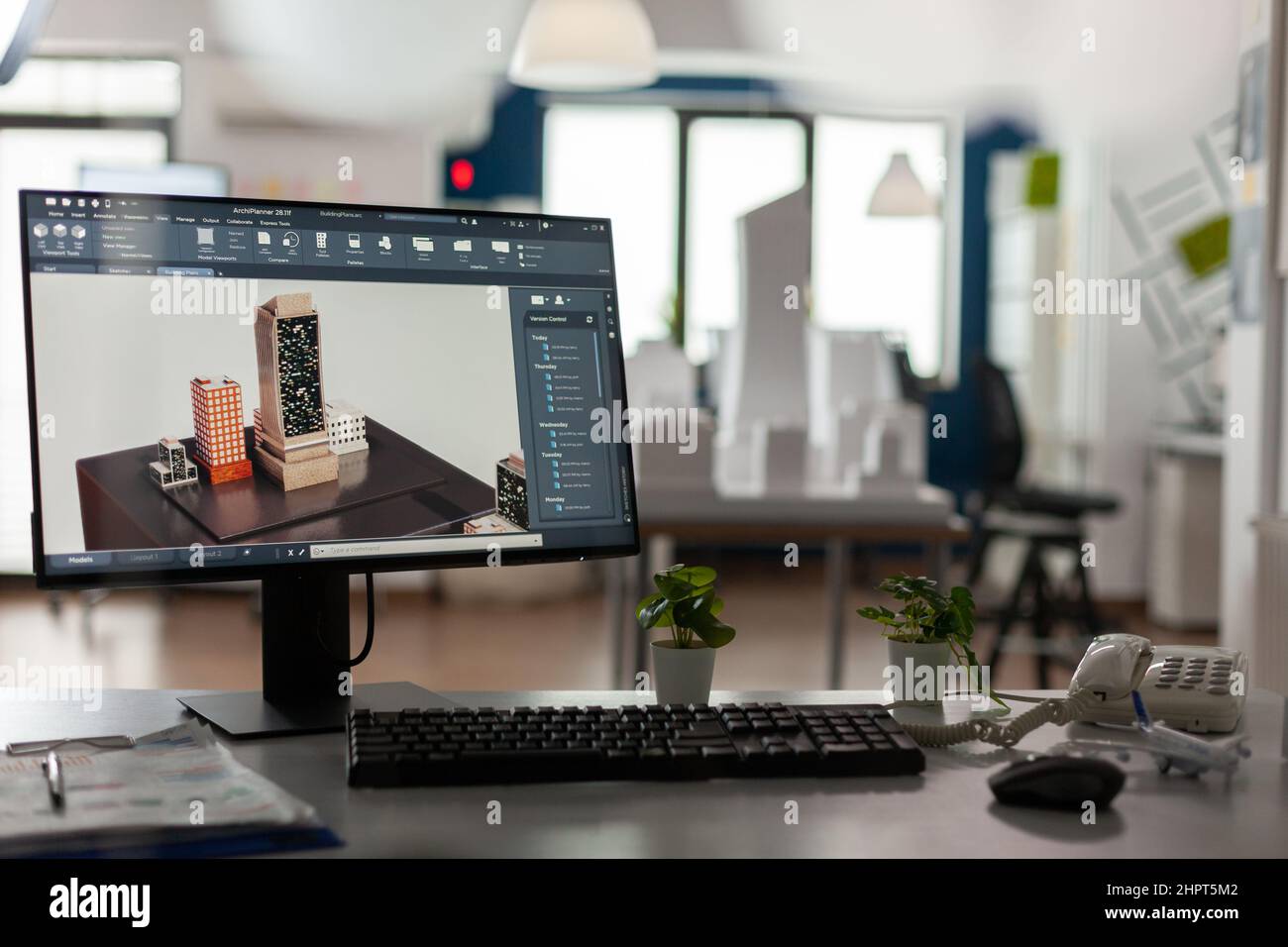 Computer display with 3d render software of architectural building ...