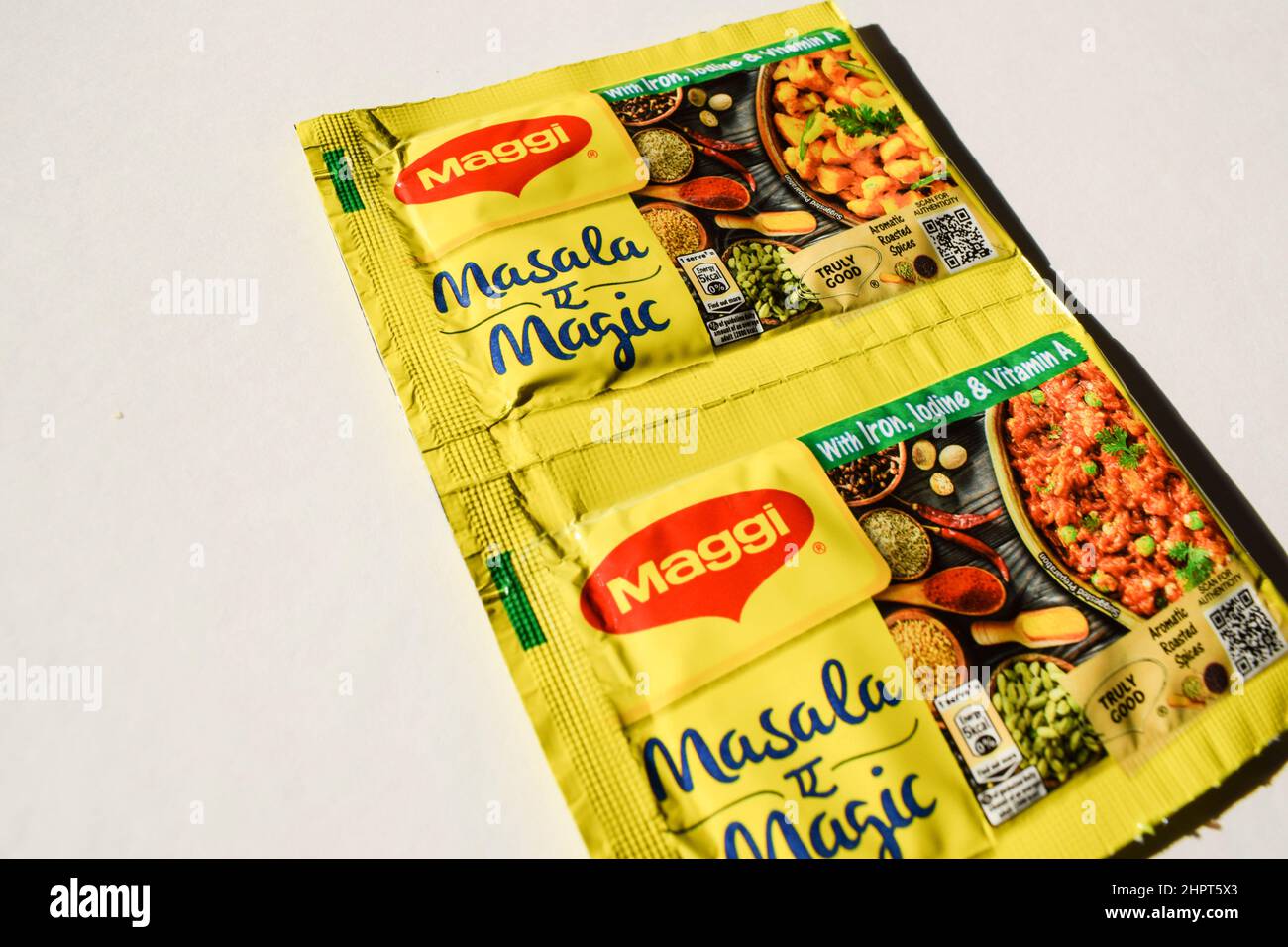 Maggi masala magic pouches isolated on white background. Maggi brand by ...