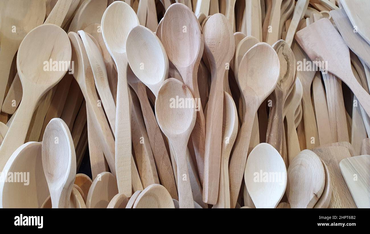 Wooden kitchen appliances, and wooden spoons. Organic tools Stock Photo ...