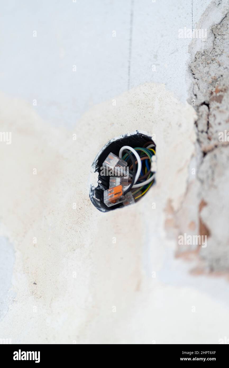 various electrical installations on building site in a loft in a ...